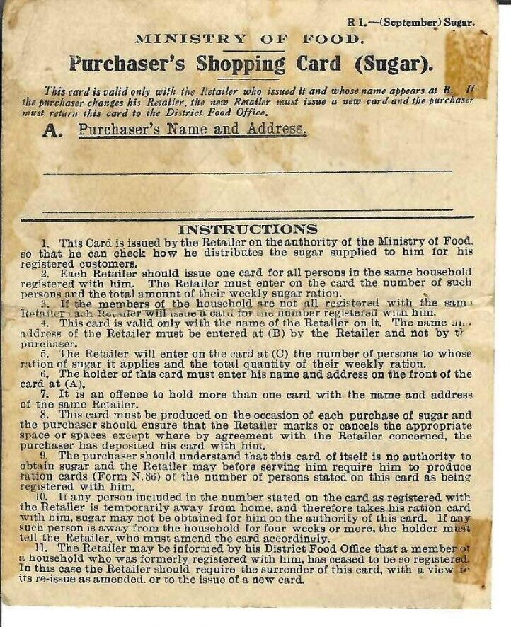 UK Britain England Week Sugar Ration Card Post WWI 1920 Walter Cundall ...