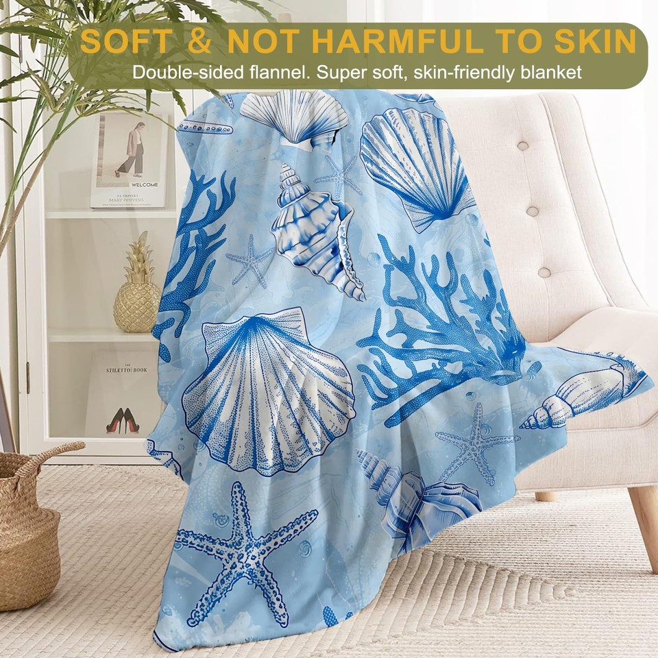 Nautical Seashells and Coral Fleece Blanket - Lightweight Soft Cozy ...