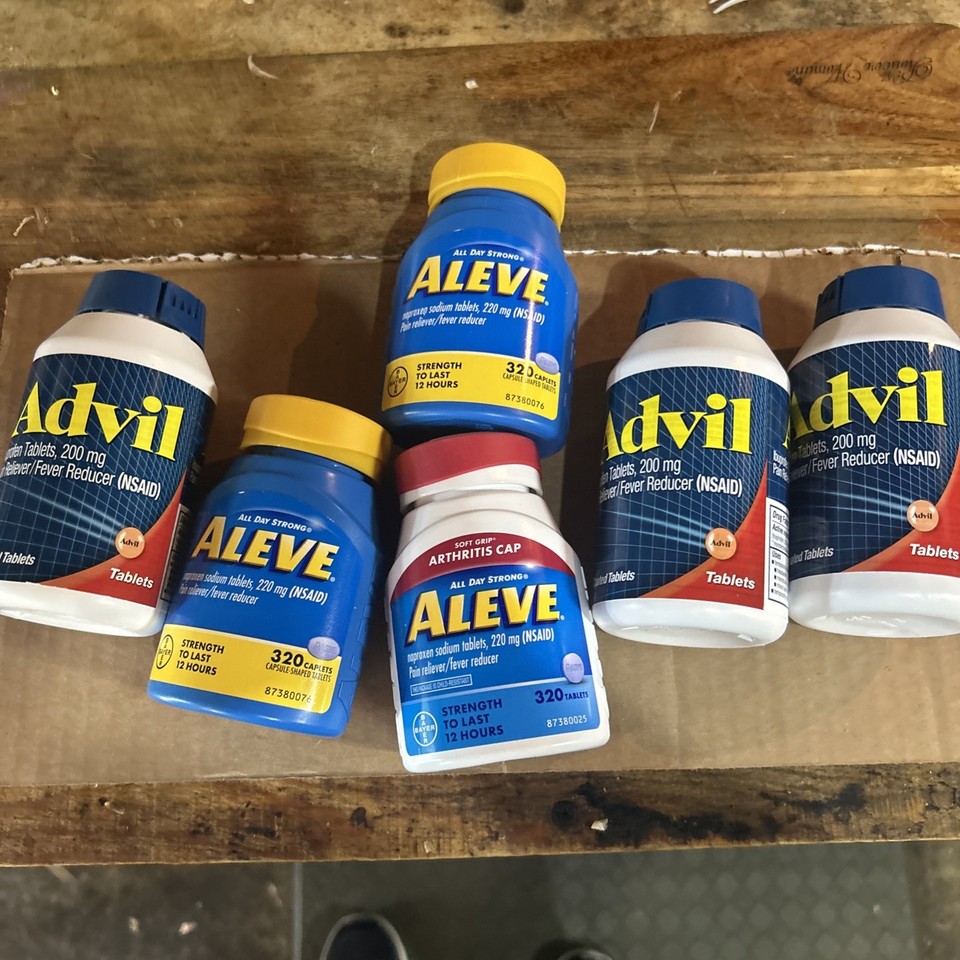 Misc. Lot Of 6 Bottles- Advil, Aleve, Tablets- Caplets- 200 mg. 220 mg ...