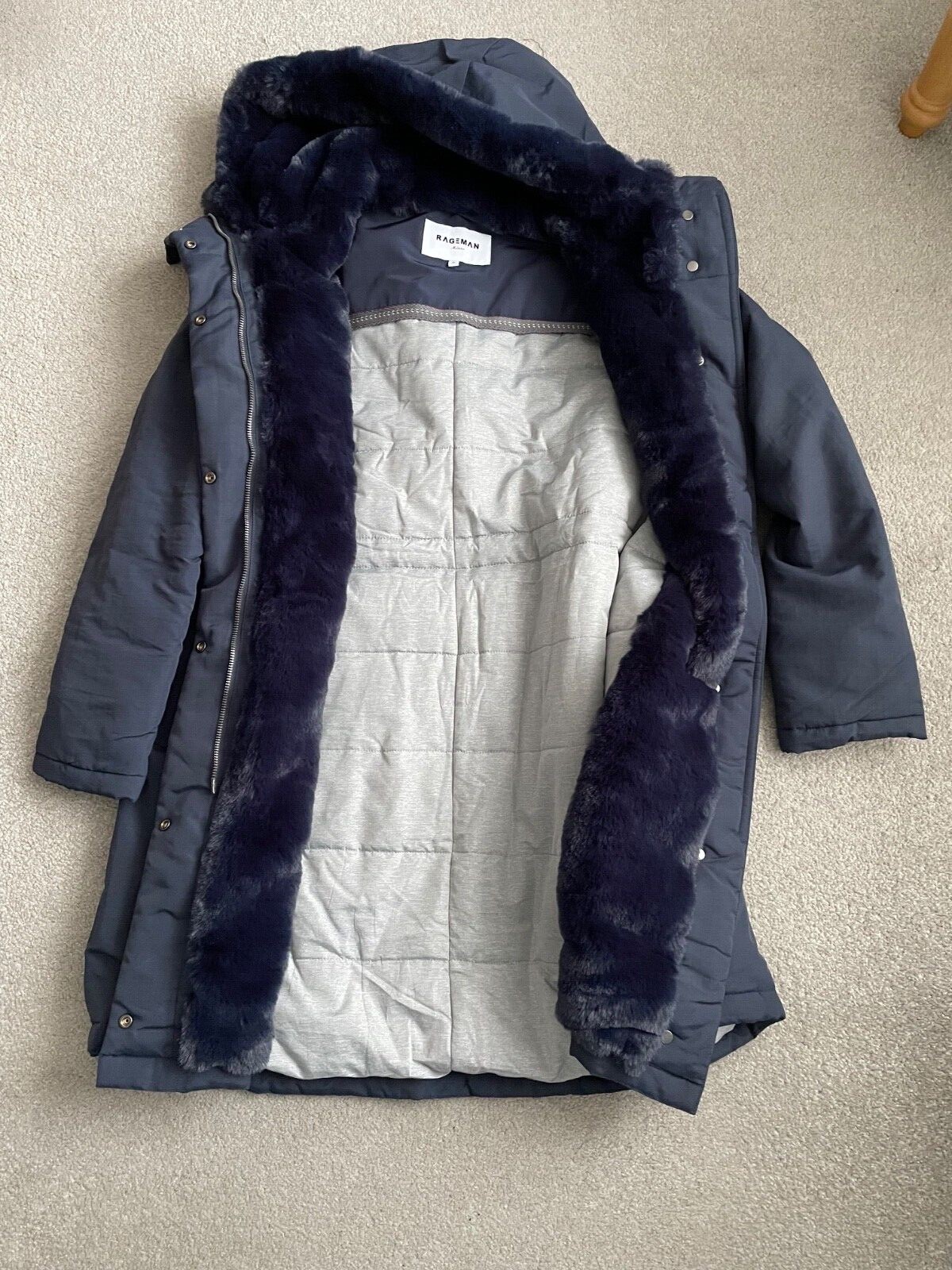 Rageman milano puffer navi blue jacket knee lenght with hood and faux ...