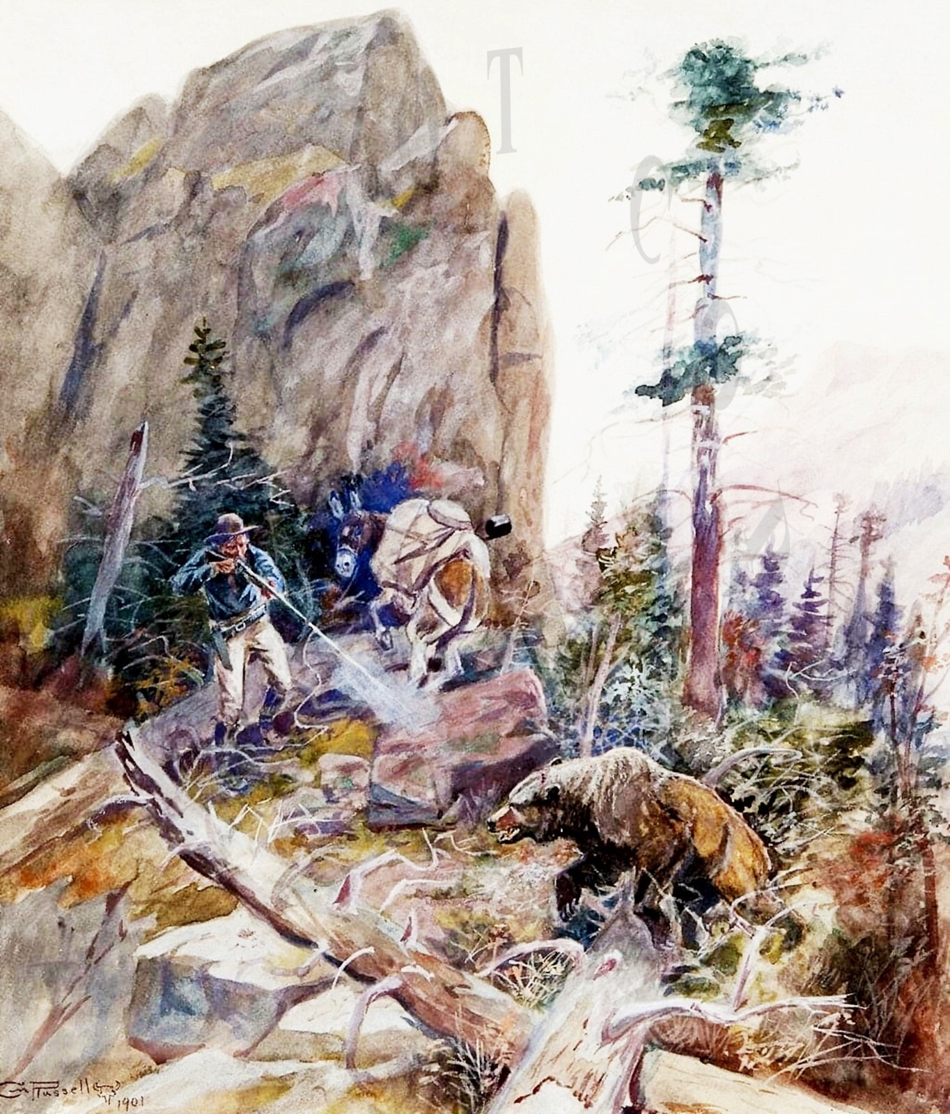 ANTIQUE REPRO CHARLES RUSSELL 8X10 GRIZZLY BEAR ENCOUNTER PHOTOGRAPH ...
