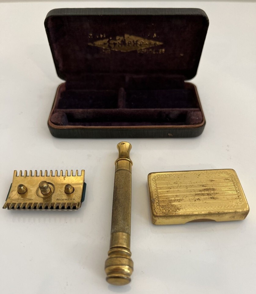 VINTAGE GILLETTE GOLD TONE 3-PIECE OPEN COMB SAFETY RAZOR W/CASE ...