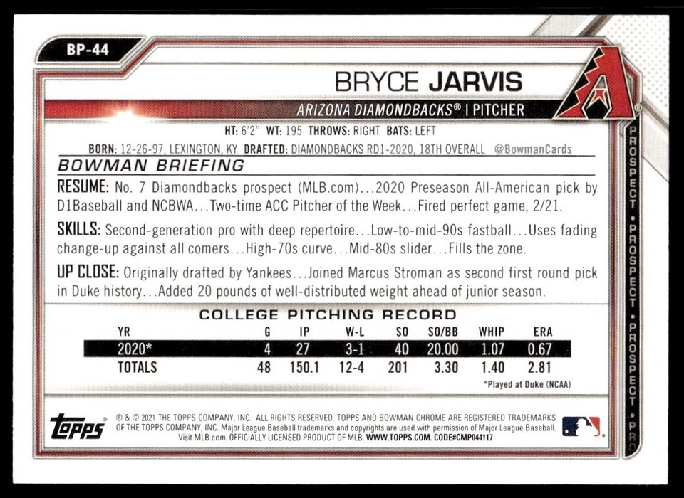 2021 Bowman Prospects Bryce Jarvis Arizona Diamondbacks #BP-44 | eBay