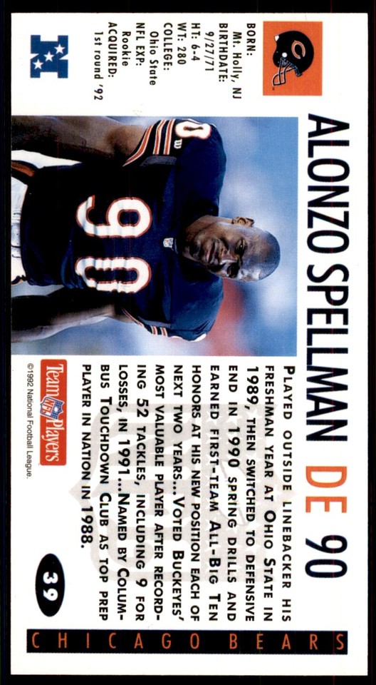 1992 GameDay Alonzo Spellman Rookie Chicago Bears #39 NFL Football ...