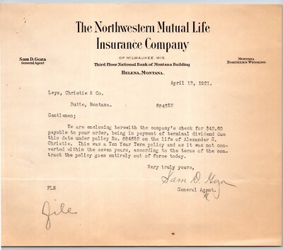 Northwestern Mutual Life Insurance Helena, MT 1921 TLS Letterhead Leys ...