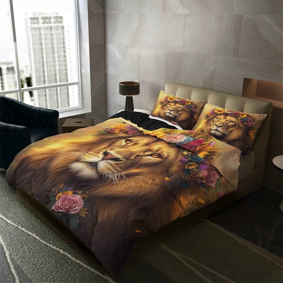 Flower Crown Lion Soft Duvet Quilt Cover Set Single Double King Super ...
