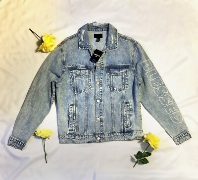 Men's Blessed/Cursed Distressed Medium Denim Cotton Jean Jacket | eBay