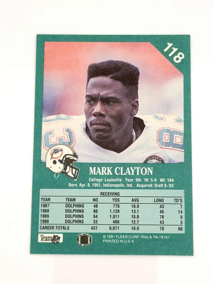1991 Fleer #118 Mark Clayton Miami Dolphins NFL football sports trading ...