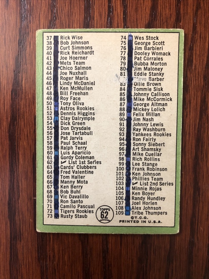 1967 Topps Baseball 1st Series Checklist Card # 62 Marked | eBay