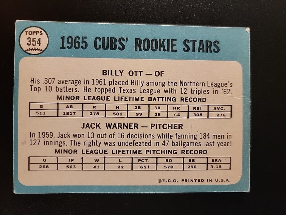 1965 Topps #354 Cubs Rookie Stars Billy Ott, Jack Warner | eBay