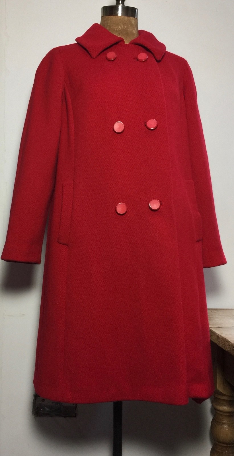 1960s Red 100% Wool Twill Bespoke Knee Length Coat Bust 42" UK 10-12 ...