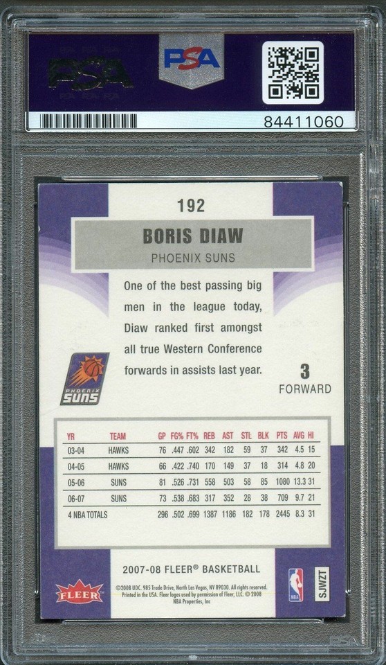 2007-08 Fleer #192 Boris Diaw Signed Card AUTO 10 PSA Slabbed Suns | eBay