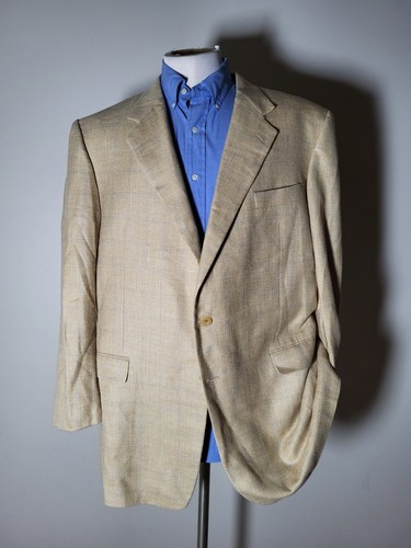 48L Hickey Freeman Tan Blue Silk Linen Wool Hopsack Check canvas Blazer ...