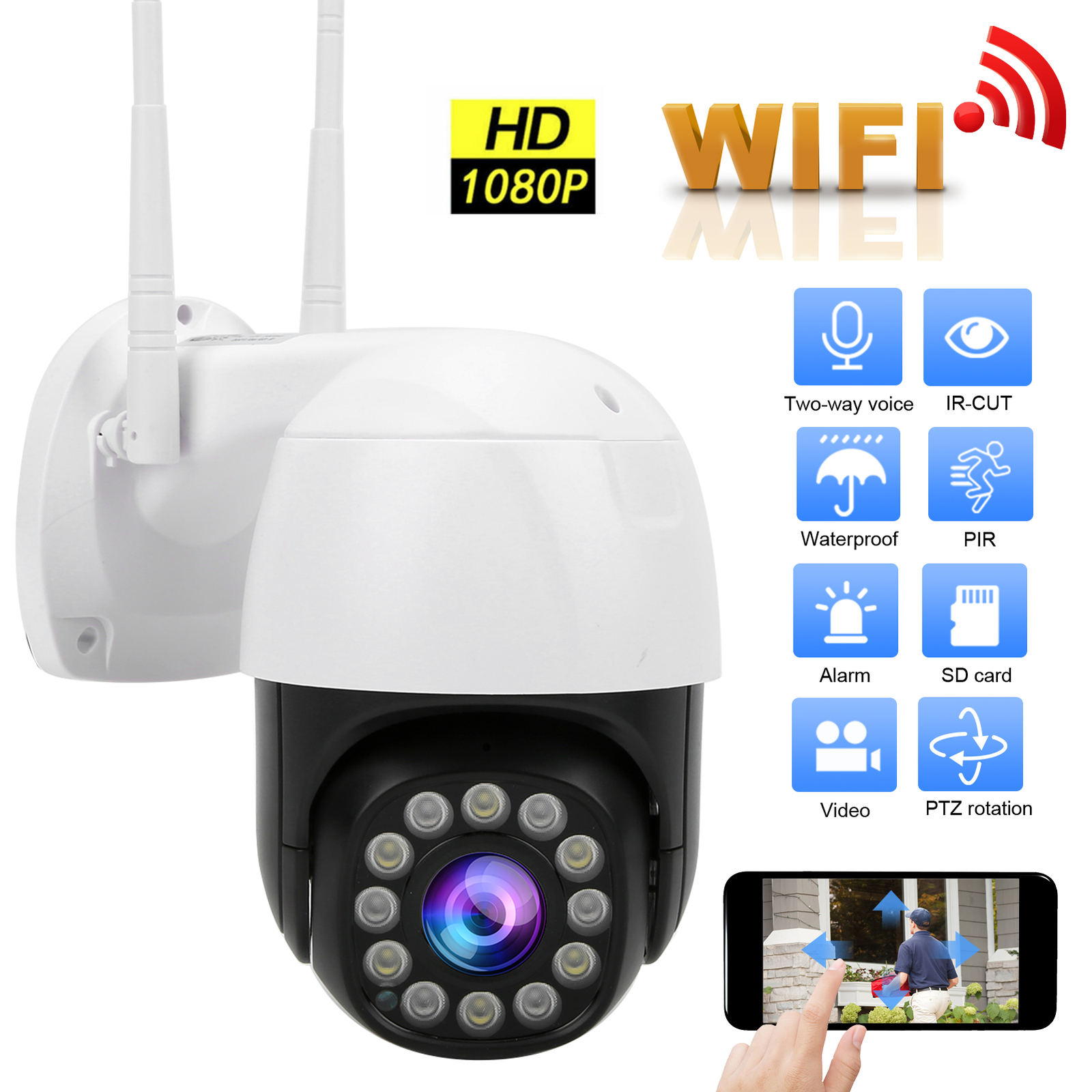 IP Camera WiFi HD 1080P IP66 12 Lights PTZ Rotation APP Remote Control ...