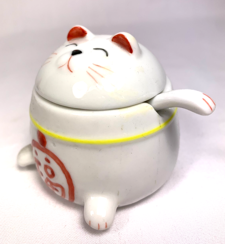 Maneki Neko Condiment Jar & Spoon Lucky Beckoning Cat Japanese | eBay
