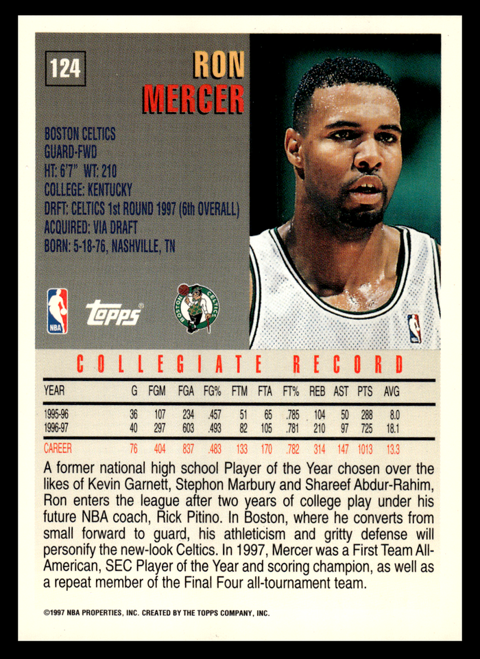 1997-98 Topps Ron Mercer #124 Boston Celtics Rookie RC NBA Basketball ...