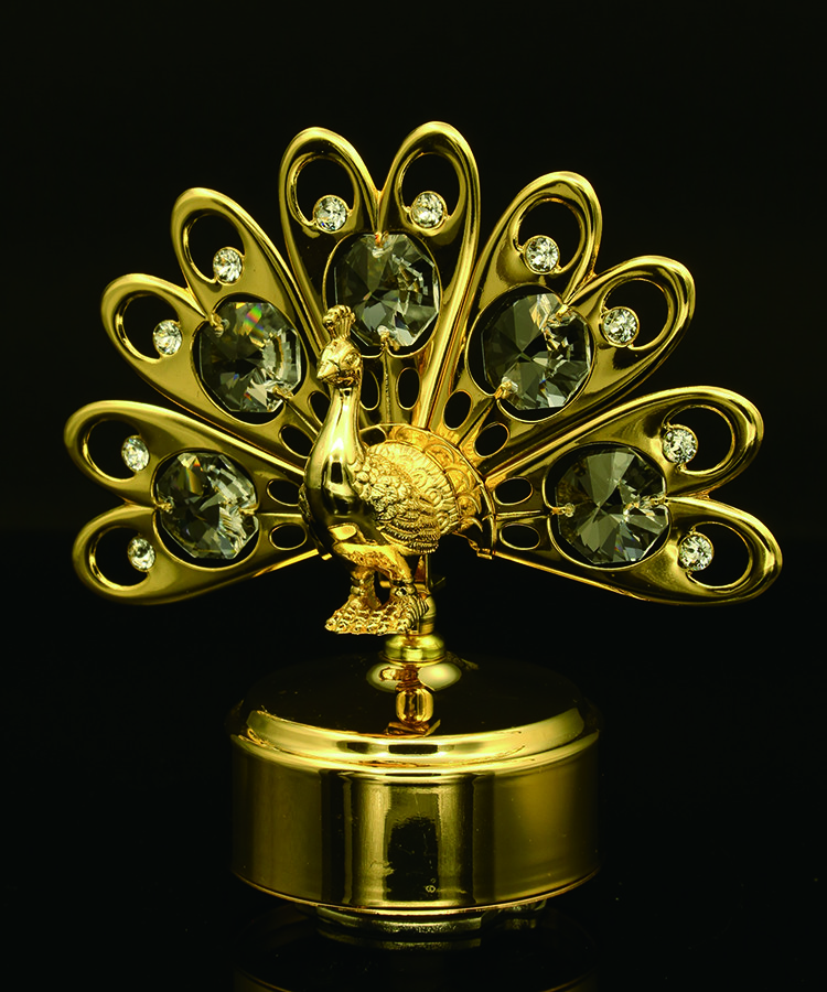 SWAROVSKI CRYSTAL STUDDED ROTATING PEACOCK SPINNING MUSIC BOX 24K GOLD ...