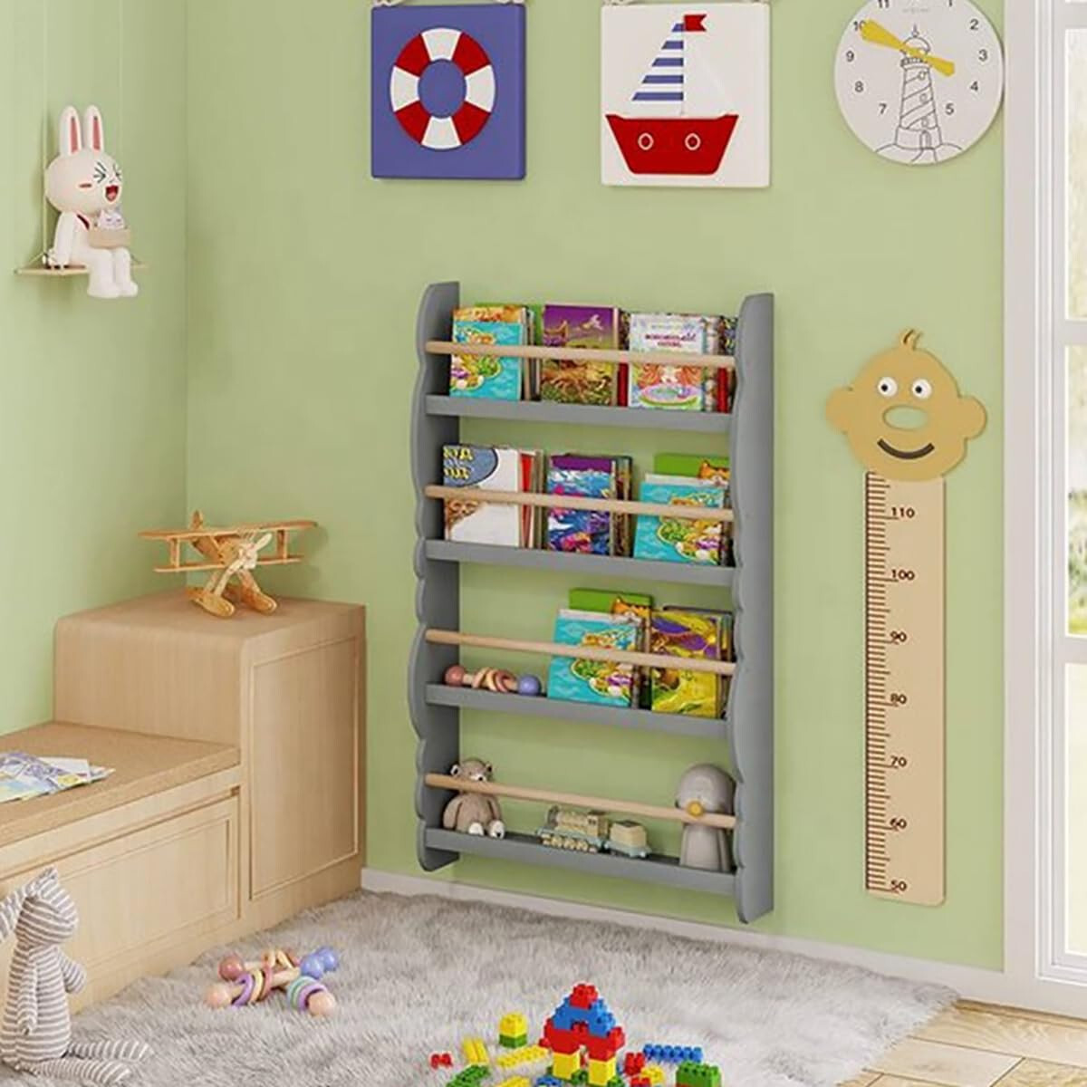 Kids Bookcase Wall Shelf, 4 Tier Children's Bookshelf Storage Display ...