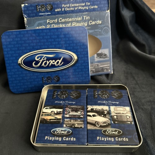 FORD Motor Co Brand Centennial Tin with 2 Decks Of Playing Cards opened ...