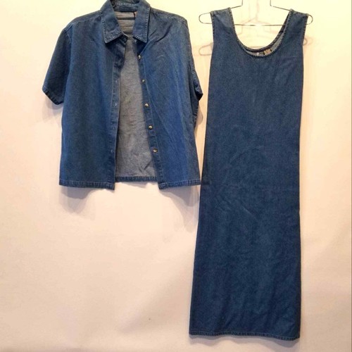 Vintage 2 Pc. Jean Denim Dress Short Sleeve Shirt & Sleeveless Tie Back ...
