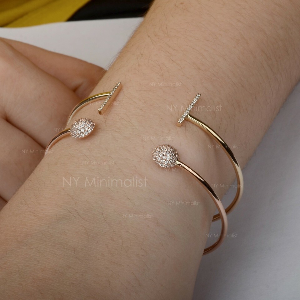 Real Diamond Cluster Parallel Ball Open Bangle Solid 14K Yellow Gold ...