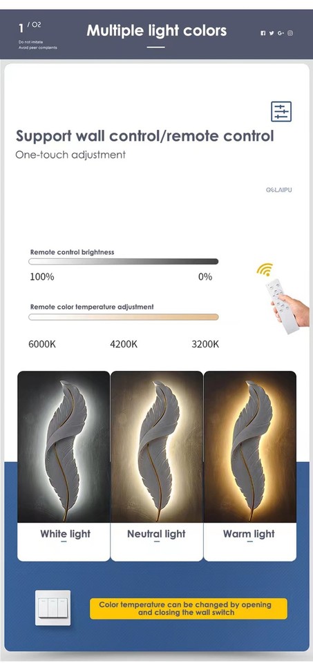 LED Feather Wall Lamp Resin Lamp Bedroom Wall Hallway Home Decor Indoor ...