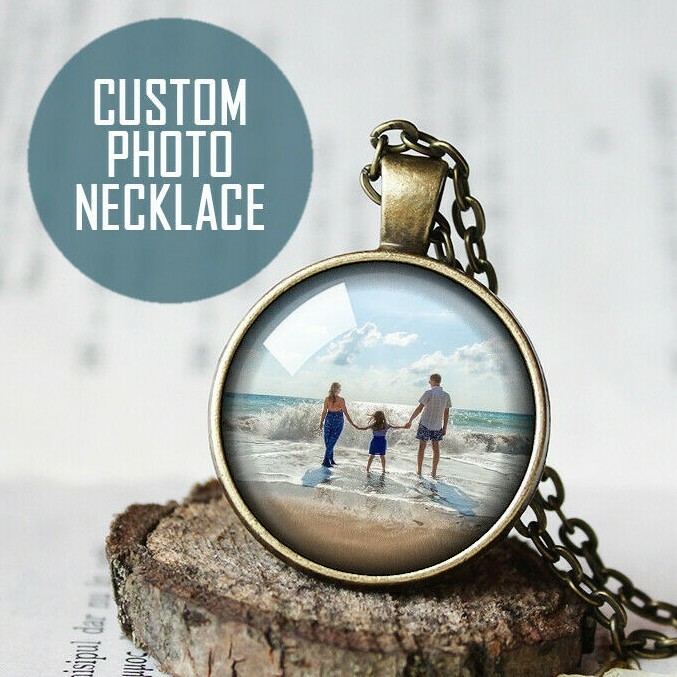 Custom Your Photo Necklace Glass Top Pendant & Chain Personalized Photo ...