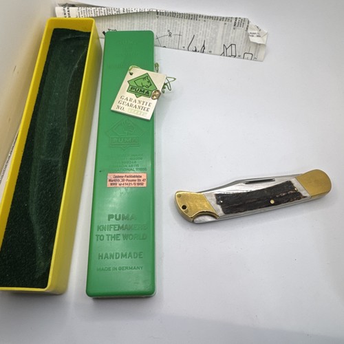 VINTAGE PUMA 910 PRINCE LOCKBACK POCKET KNIFE 1986 STAG HANDLE NEW IN ...
