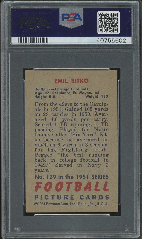 1951 Bowman #139 Emil Sitko PSA 5 (FB01) | eBay