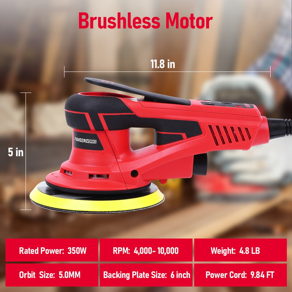 6" Electric Random Orbital Sander, Brushless Motor 350W 10000 RPM with ...