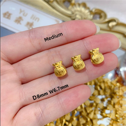 Pure 24K 999 Yellow Gold Lucky Fu Bag Beaded Pendant Bracelet DIY ...