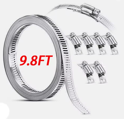 1pcs 9.8ft Stainless Steel Adjustable Hose Clamp with 6 Fasteners Worm ...