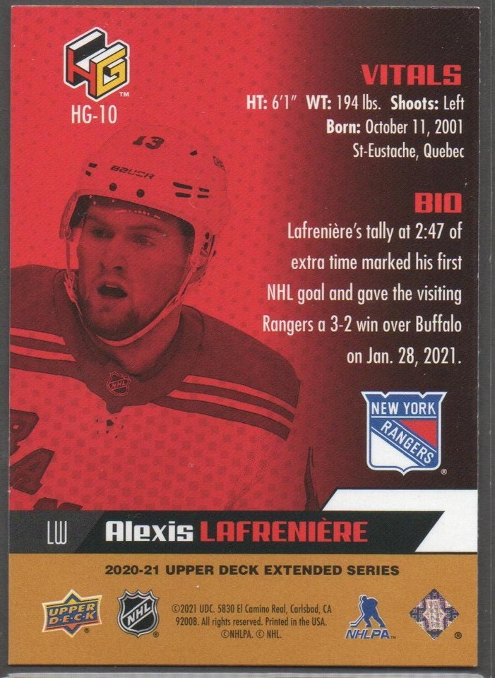 2020-21 Upper Deck HoloGrFx Rookies Gold Alexis Lafreniere Card #HG-10 ...