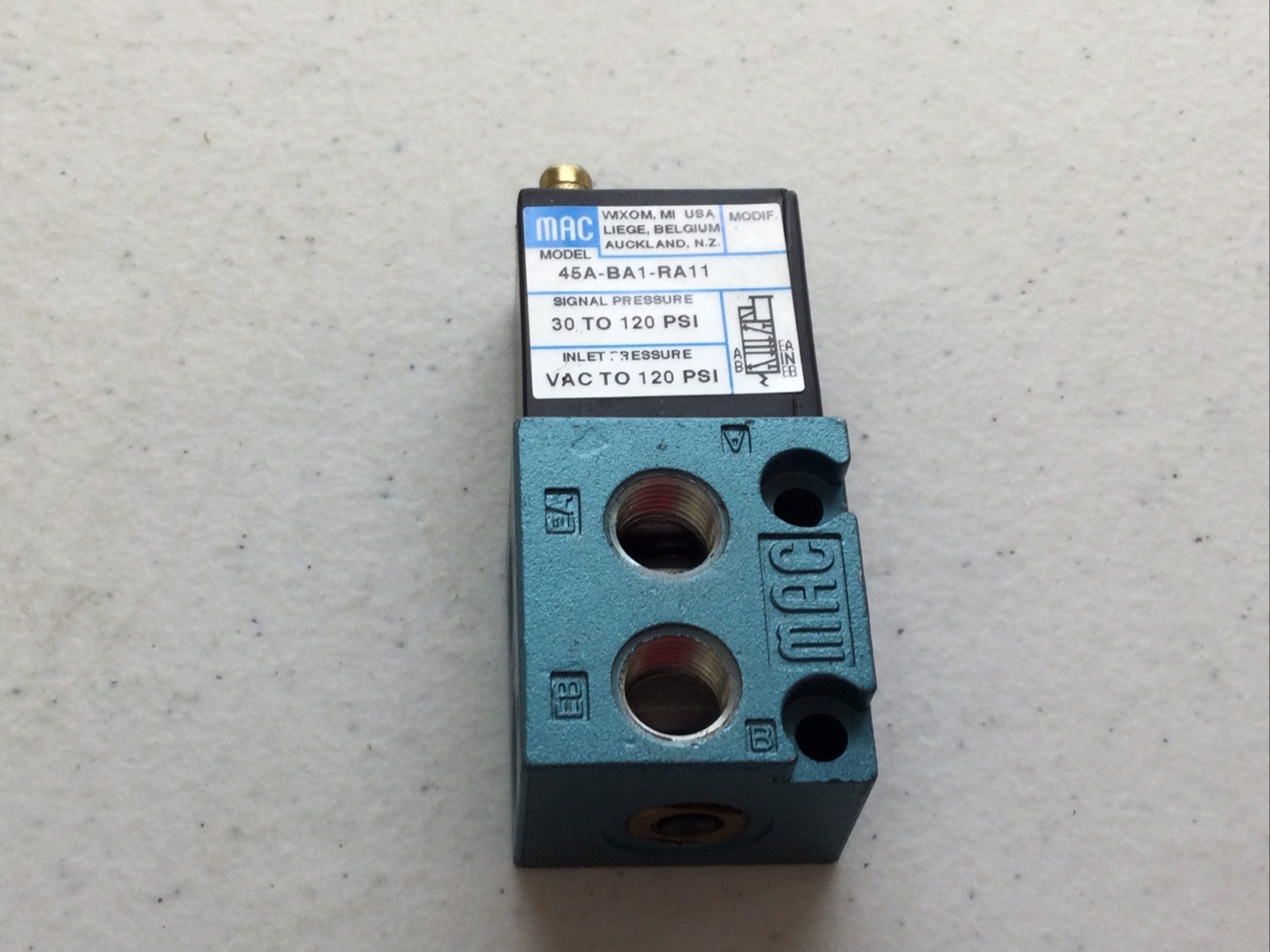 MAC VALVES INC 45A-BA1-RA11 PNEUMATIC SOLENOID VALVE, 120PSI, FREE ...