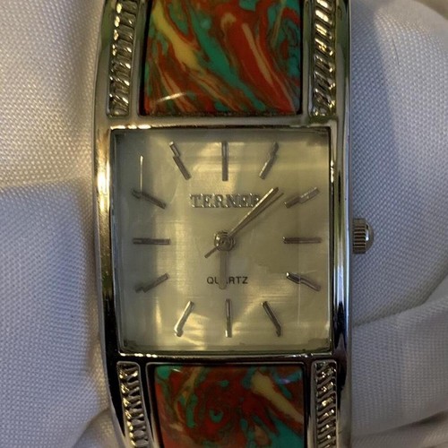 Vintage Terner Quartz Watch Hinged Cuff Silver With Multicolored ...