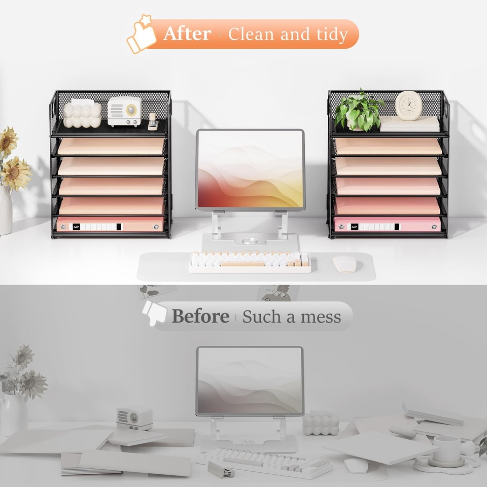 2-Pack 6-Tier Paper Tray Organizer for Desk - Black Mesh File Folder ...