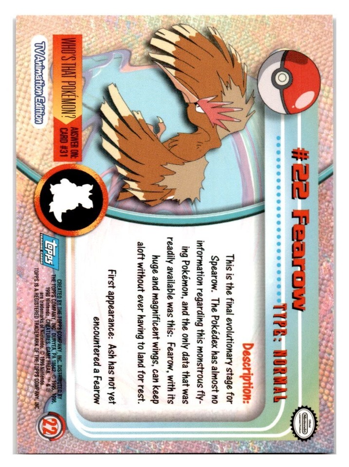 Pokemon Topps TV Animation Edition #22 Fearow Blue Logo Card | eBay