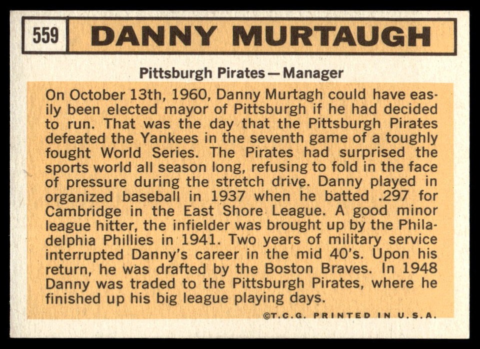 1963 Topps #559 Danny Murtaugh Pirates HIGH # EX-EXMINT+ MGR NO RESERVE ...