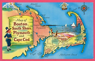 Boston South Shore Plymouth Cape Cod Map Postcard Pilgrim Ship | eBay