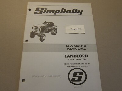 Simplicity Owner's Shop Manual Landlord Riding Tractor 755 772 LOTS ...