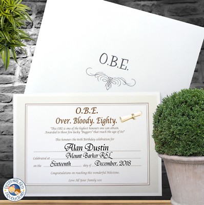 OBE Over Bloody Eighty Certificate 80th Birthday Gift Personalised A5 ...