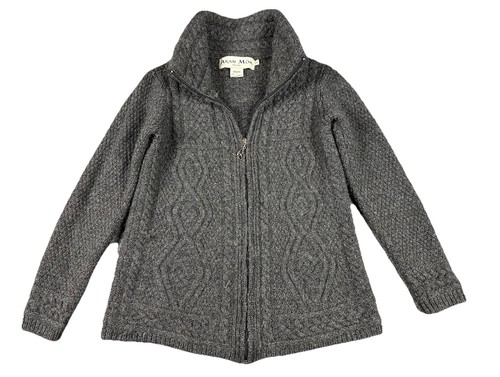 ARAN MOR Charcoal 100% Merino Wool Full Zip Up Jacket, Small Cable Knit ...