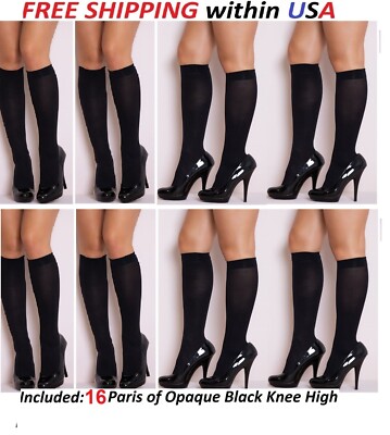 16 Pairs XX-Wide Plus Women Opaque Black Color Nylon Knee High Trouser ...