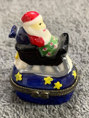 Trinket Box Hinged Christmas Figurine Santa On Sleigh Presents Ceramic ...