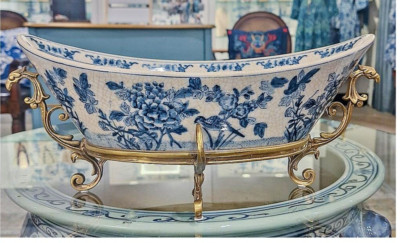 Blue, White Porcelain Elongated Planter/Basin.Hand Painted.Bronze ...