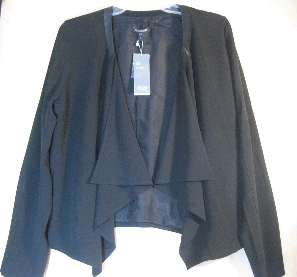 NWT EILEEN FISHER $378 Silk Georgete Crepe BLACK Drape Jacket Leather ...