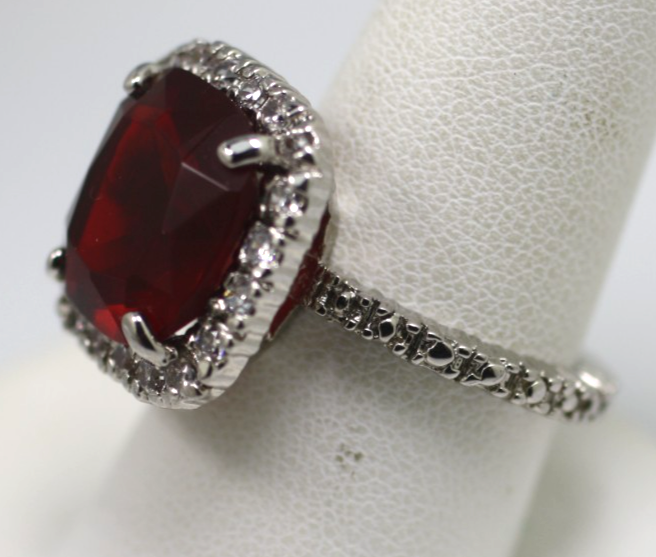 Statement Silver tone red square stone clear accents large bold Glam ...