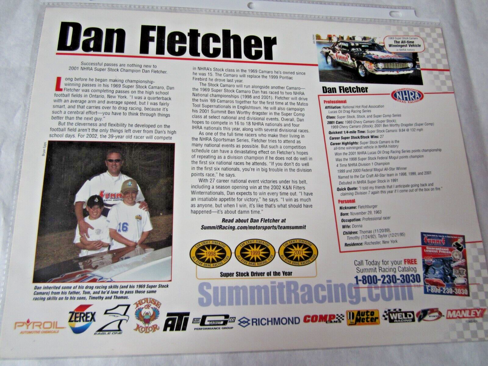 NHRA 2001 Dan Fletcher Summit Racing Camaro WC Super Stock Drag Racing ...