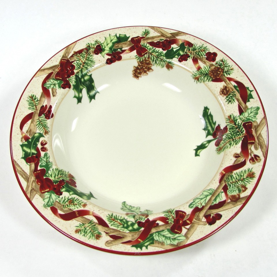 Block Basics FESTIVE RIBBON 12oz Soup Bowl Set 4 Pine Holly Berry Red ...