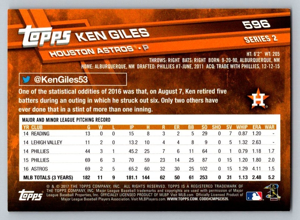 2017 Topps Base #596 - Ken Giles - Houston Astros | eBay